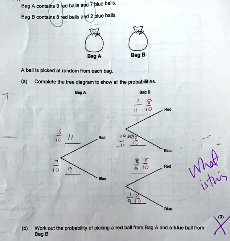 Bag A contains 3 red balls and 7 blue balls. Bag B contains 8 red balls ...