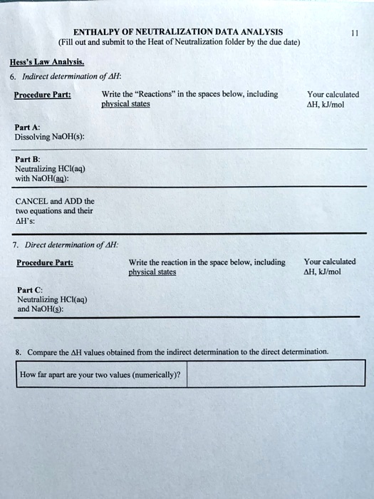 SOLVED: ENTHALPY OF NEUTRALIZATION DATA ANALYSIS (Fill out and submit ...