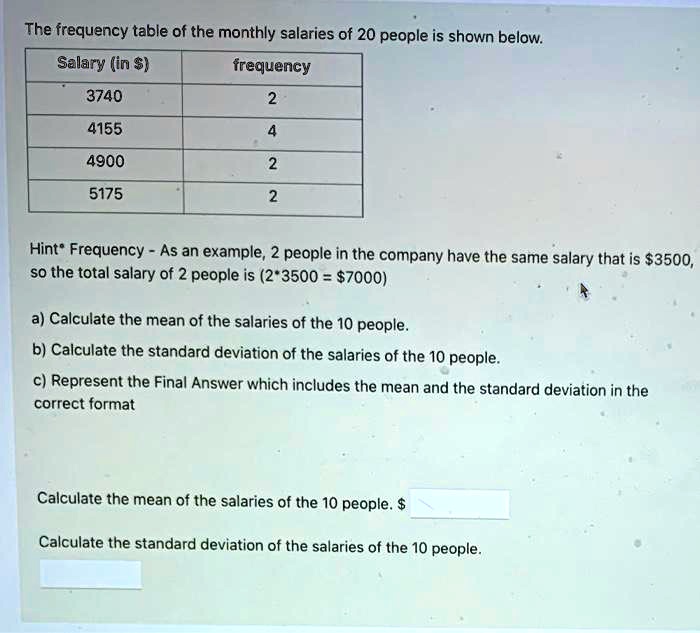 SOLVED: The " ' frequency table of the monthly salaries of 20 people is ...