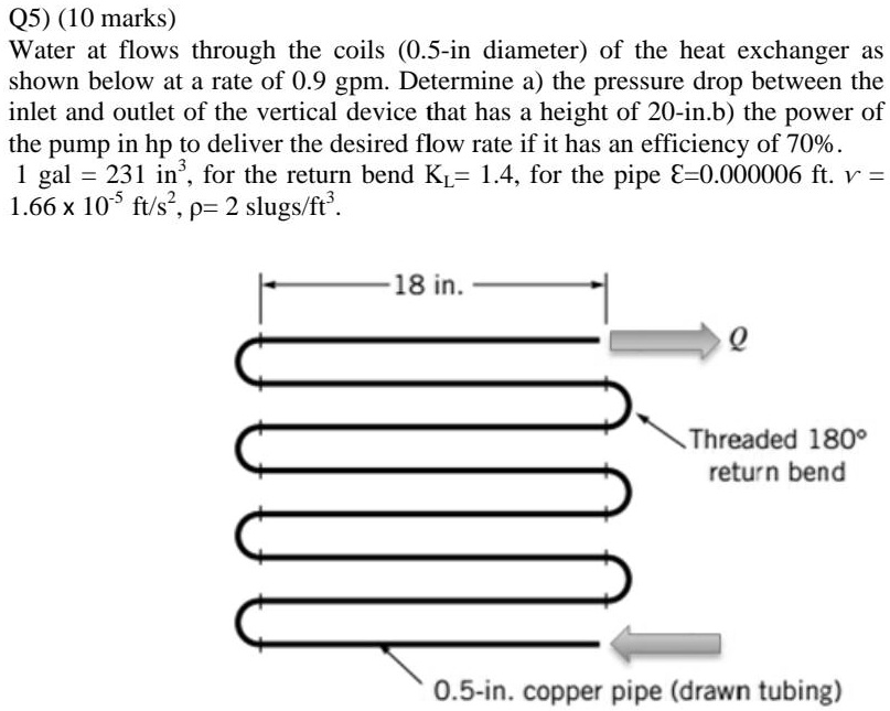 Q5) (10 marks) Water flows through the coils (0.5-in diameter) of the ...