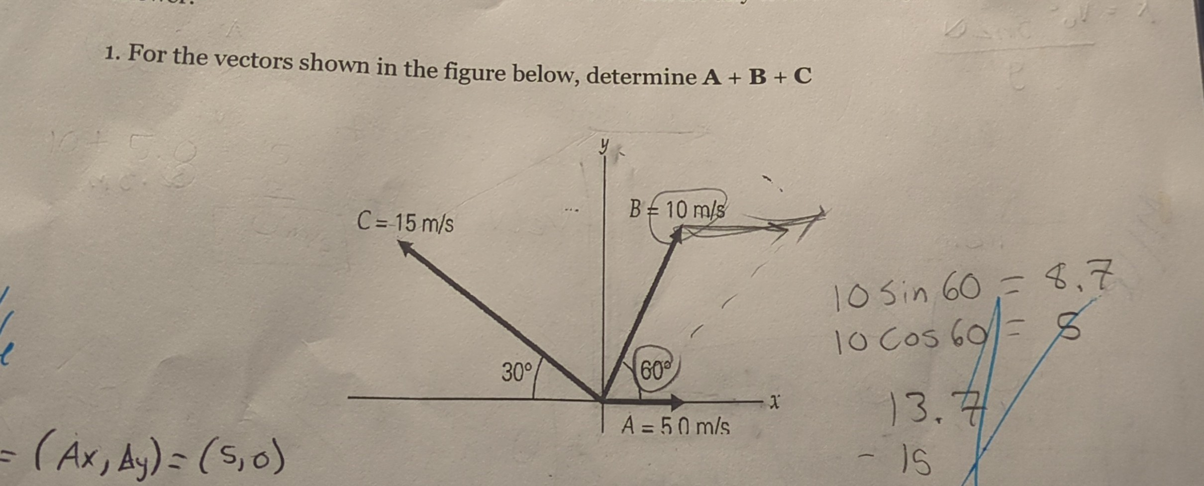 SOLVED: 1. For the vectors shown in the figure below, determine 𝐀+𝐁+𝐂