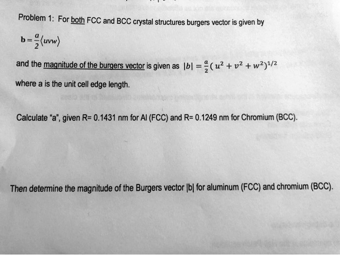 Get Answer Problem 1 For Both Fcc And Bcc Crystal Structures Burgers Vector Is Given By B 2