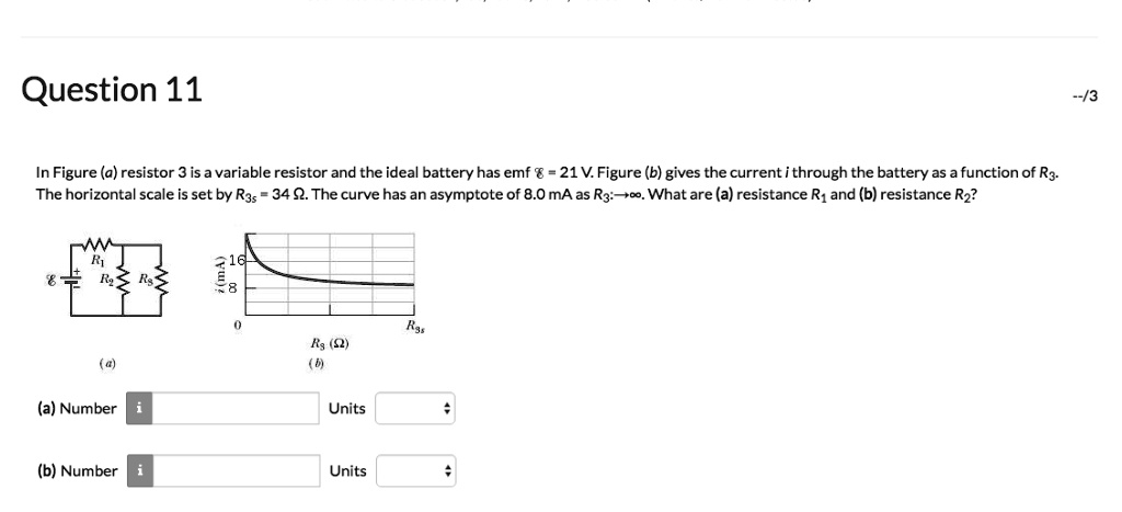 SOLVED: In Figure (a), resistor 3 is a variable resistor and the ideal battery has emf of 21V ...