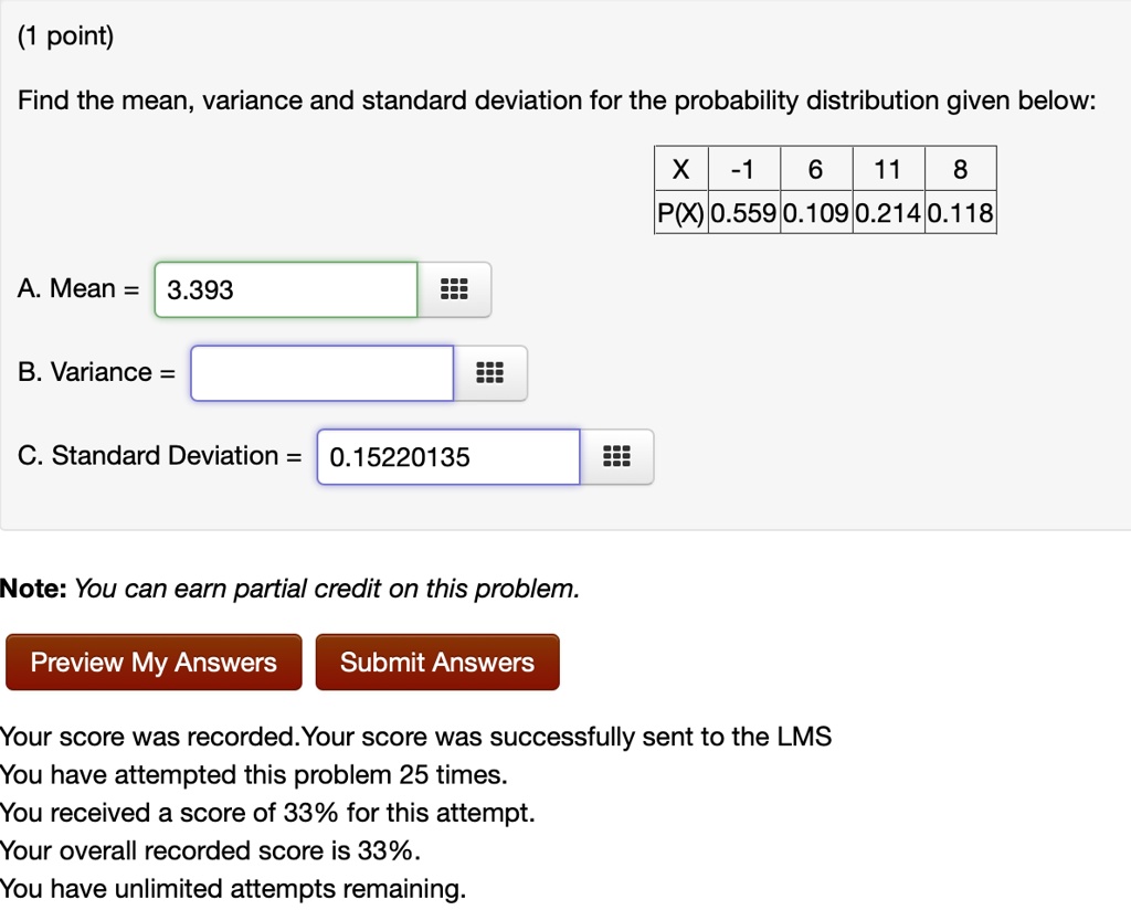 point find the mean variance and standard deviation for the probability ...