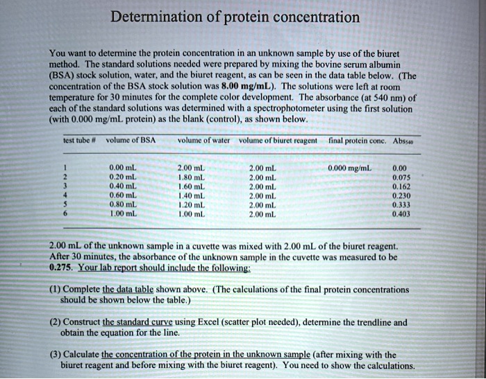 determination of protein concentration you want t0 determine the protein concentration in an ...