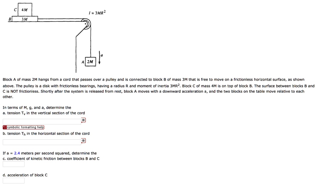 4m 13mr2 b 3m block a of mass 2m hangs from a cord that passes over a pulley and is connected to ...