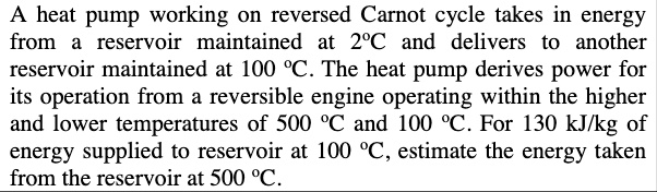 A heat pump working on reversed Carnot cycle takes in energy from a ...