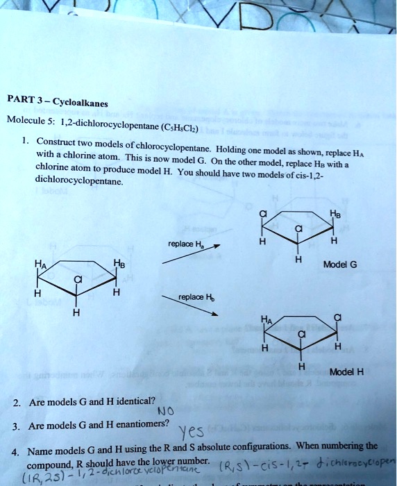 SOLVED:PART 3 _ Cycloalkanes Molecule 5: L,2-dichlorocyclopentane (CsH Cl) Construct two models ...