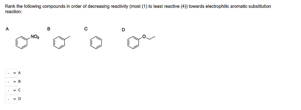 SOLVED: Rank the following compounds in order of decreasing reactivity (most (1) to least ...
