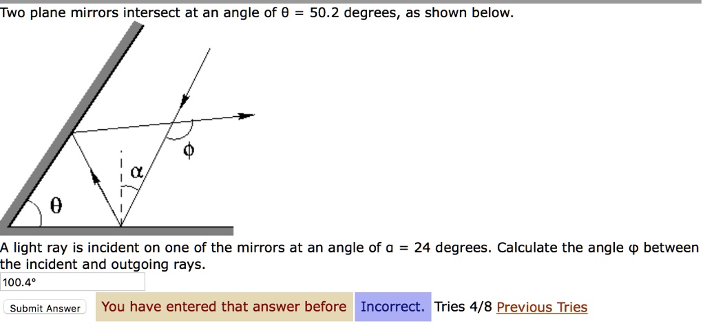 SOLVED: Two plane mirrors intersect at an angle of 0 50.2 degrees, as shown below: A light ray ...