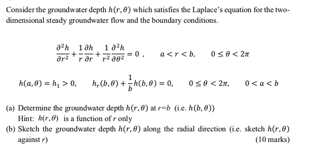 Consider the groundwater depth h(r, θ) which satisfies the Laplace's ...