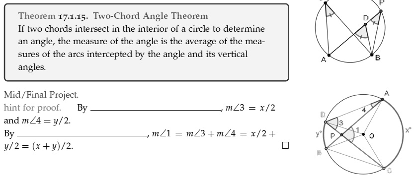 SOLVED: Theorem 17.1.15: Two-Chord Angle Theorem If two chords ...