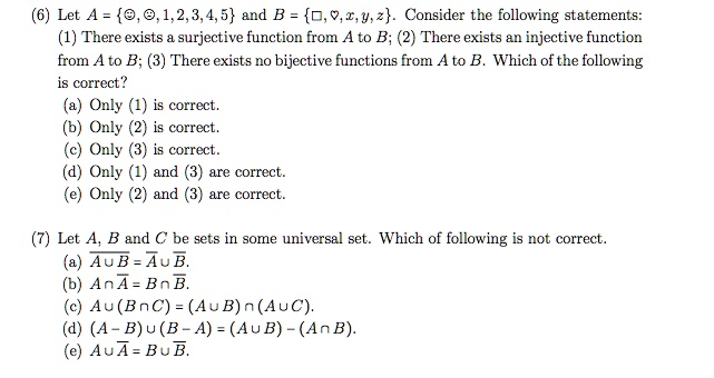 (6) Let A = ?, ?, 1, 2, 3, 4, 5 and B = ?, ?, x, y, z. Consider the following statements: (1 ...