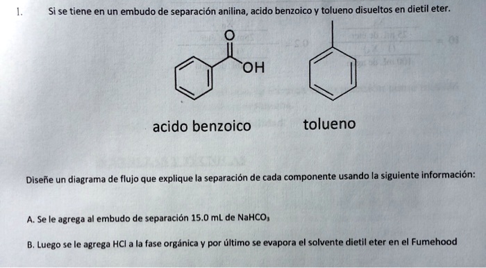 si se tiene en un embudo de separacion anilina acido benzoico tolueno ...