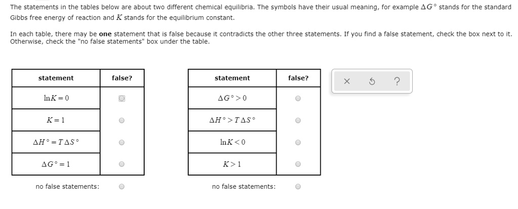 SOLVED: The statements In the rables below are about two different chemical equillbria The ...