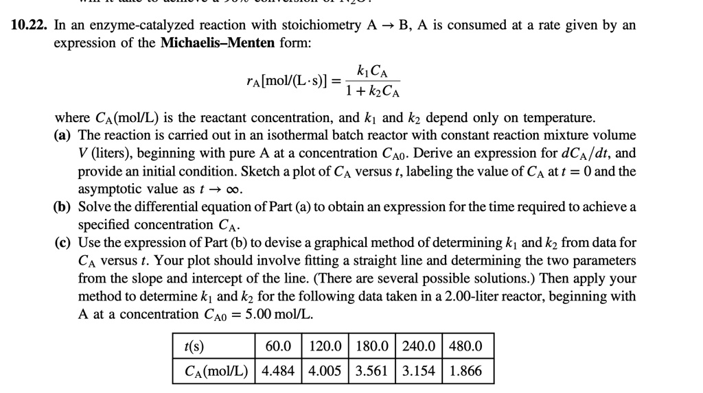 SOLVED: 10.22. In an enzyme-catalyzed reaction with stoichiometry A -> B, A is consumed at a ...