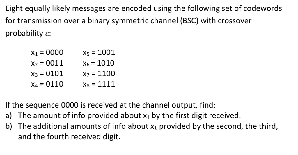 Eight equally likely messages are encoded using the following set of codewords for transmission ...