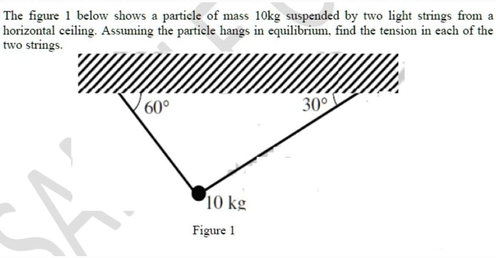 SOLVED: The figure below shows particle of mass 10kg suspended by two light strings from ...