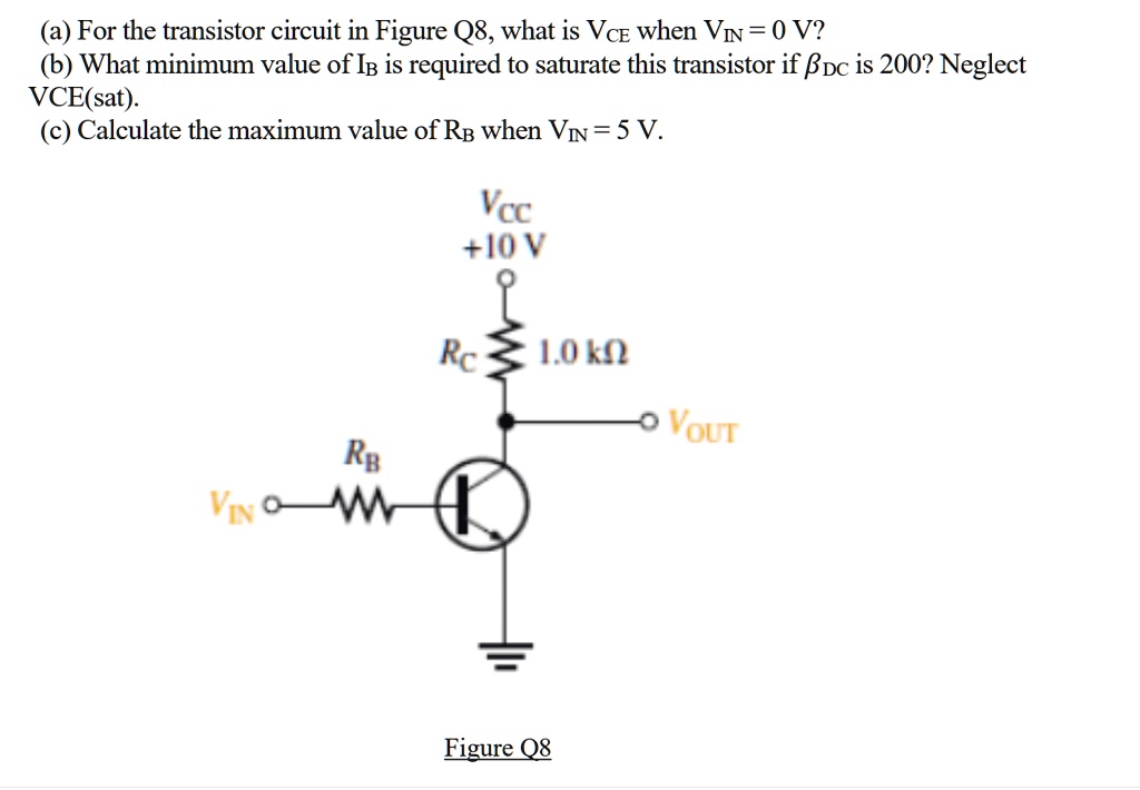 SOLVED: (a) For the transistor circuit in Figure Q8, what is VCE when VIN = 0 V? (b) What ...
