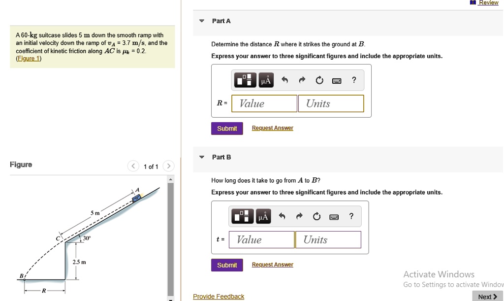 SOLVED: Review Part A A60-kg suitcase slides 5 m down the smooth ramp with an initial velocity ...