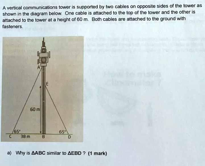 SOLVED: A vertical communications tower is supported by two cables on ...