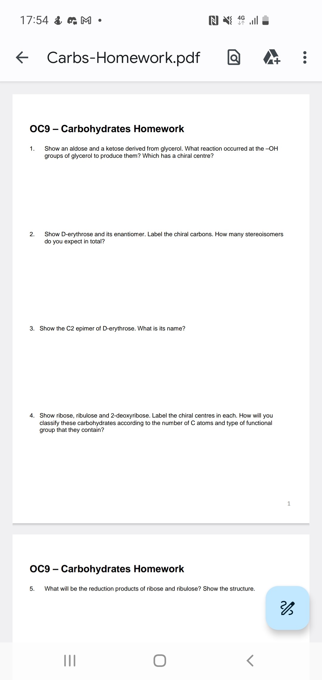 SOLVED: 17: 54 & M ? ← Carbs-Homework.pdf OC9 - Carbohydrates Homework ...