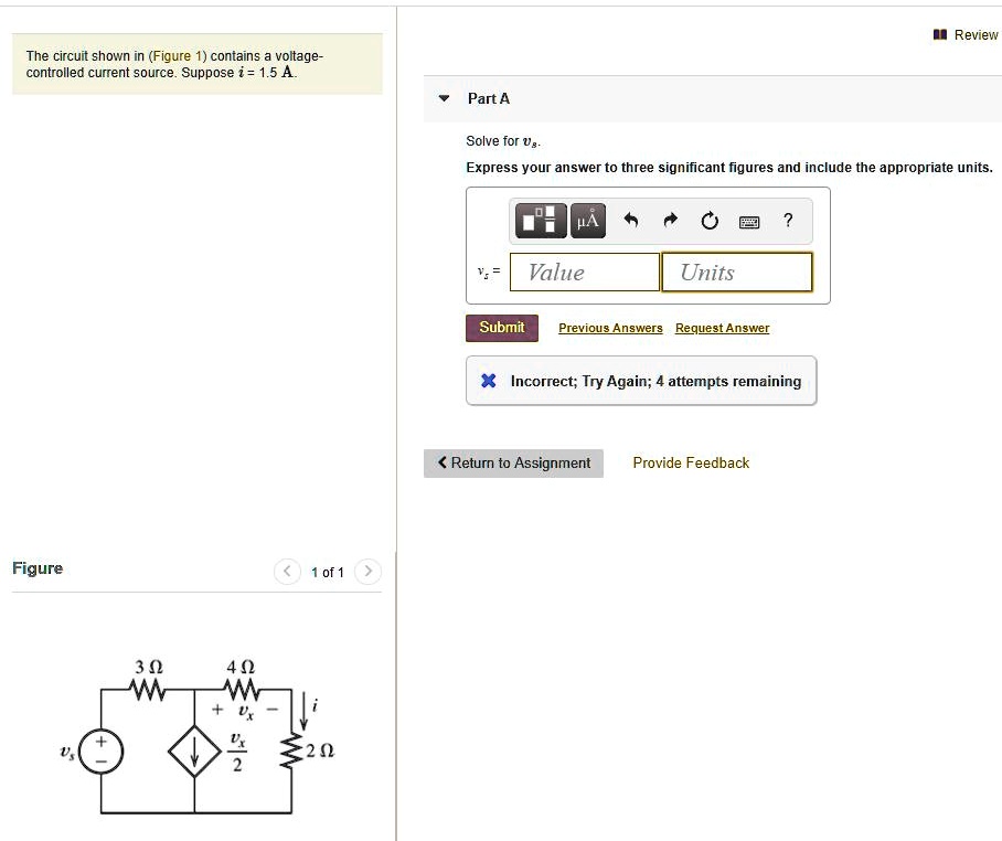 The circuit shown in (Figure 1) contains a voltage-controlled current source. Suppose i = 1.5 A ...