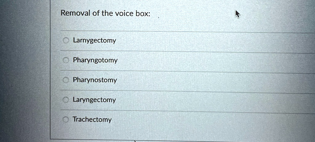 Removal of the voice box: ? Laryngectomy ? Pharyngotomy ? Pharyngostomy ...