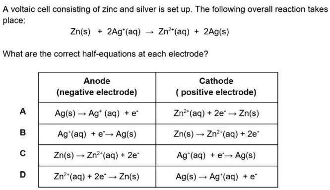 SOLVED: A voltaic cell consisting of zinc and silver is set up. The ...