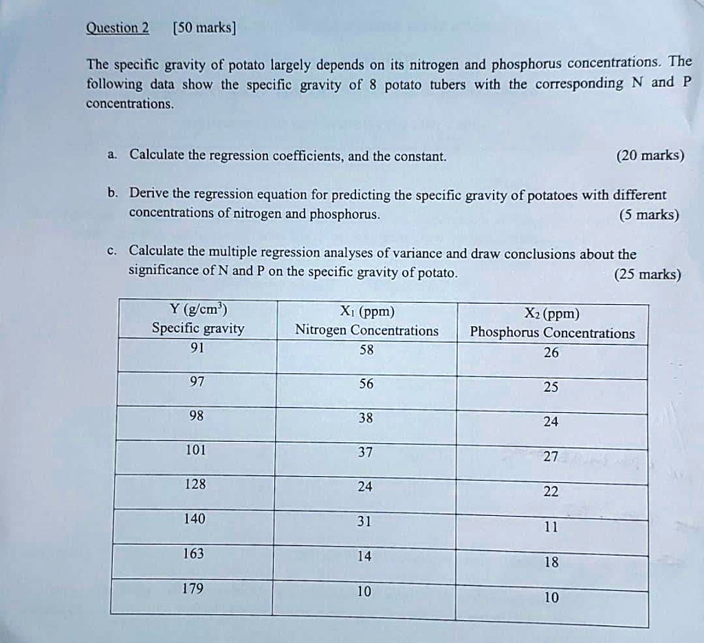Question 2 s0 marks the specific gravity of potato largely...