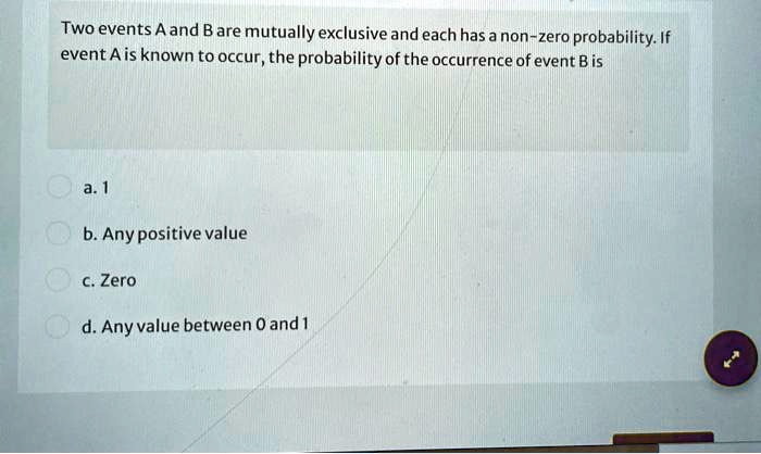 SOLVED: Two events A and B are mutually exclusive and each has a non-zero probability. If event ...