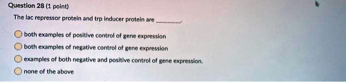 Question 28 (1 point) The lac repressor protein and trp inducer protein ...