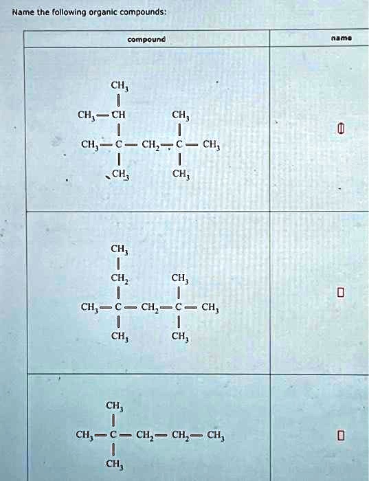SOLVED: Texts: #15 Name the following organic compounds: Compound Name CH3-CH=CH-CH3 1,1 ...