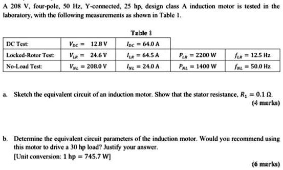 a 208 vfour pole50 hzy connected25 hp design class a induction motor is ...