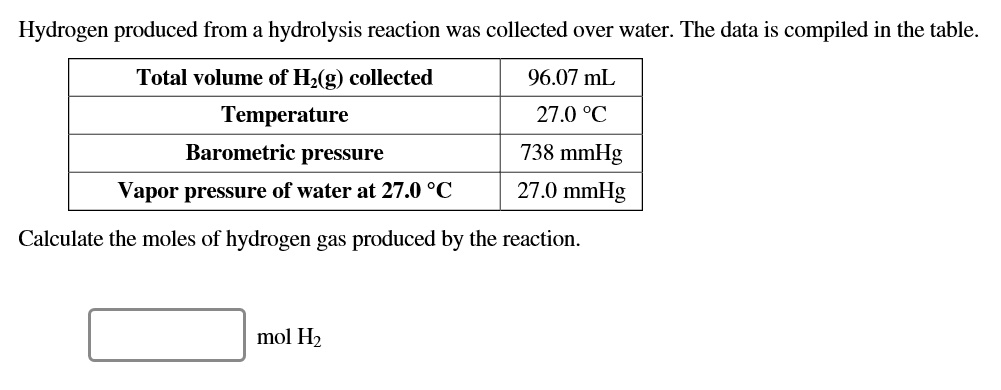 SOLVED: Hydrogen produced from a hydrolysis reaction was collected over water: The data is ...