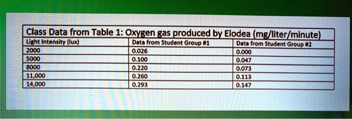 SOLVED: Class Data from Table 4: Oxygen gas produced by Elodea (mg ...