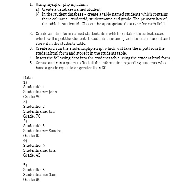 SOLVED: Using MySQL or phpMyAdmin: a) Create a database named "student". b) In the "student ...