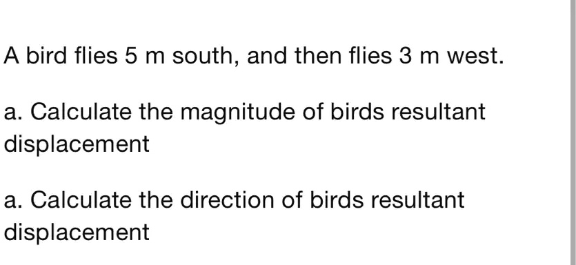 bird flies 5 m south and then flies 3 m west a calculate the magnitude ...