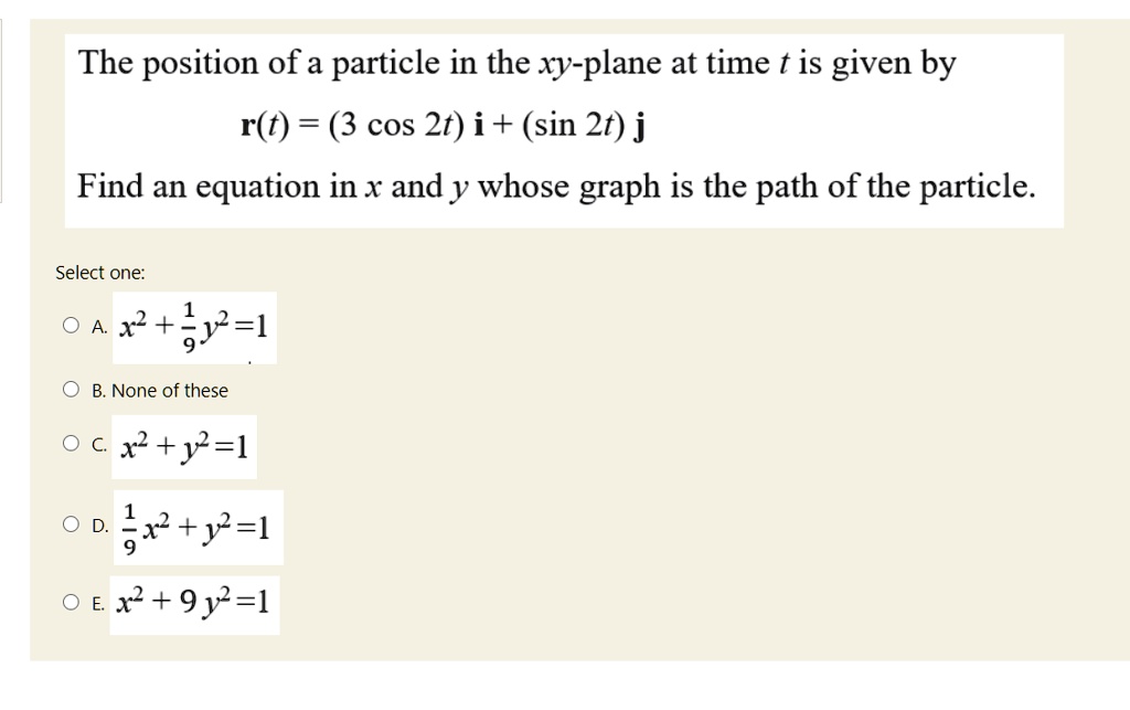 SOLVED: The position of a particle in the xY-plane at time t is given by r(t) = (3 cos 2t) i ...