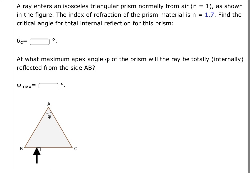 SOLVED: A ray enters an isosceles triangular prism normally from air (n ...