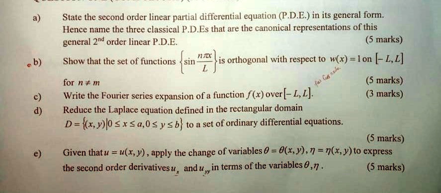 a) State the second order linear partial differential equation (P.D.E ...