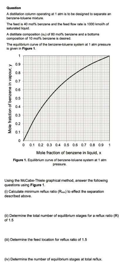SOLVED: A distillation column operating at 1 atm is to be designed to separate a benzene-toluene ...