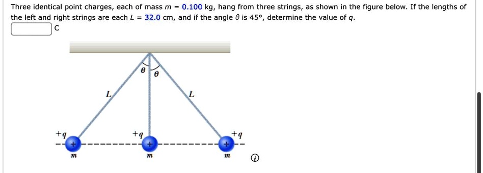 three identical point charges each of mass m0100kg hang from three strings as shown in the ...