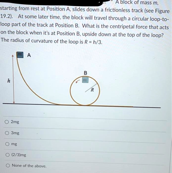 SOLVED: A block of mass m, starting from rest at Position A, slides down a frictionless track ...