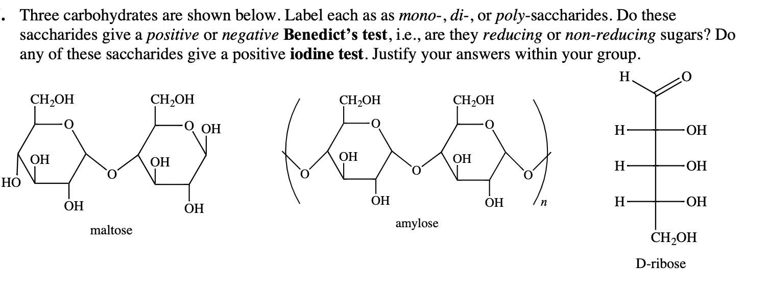 Three carbohydrates are shown below. Label each as as mono-, di-, or ...