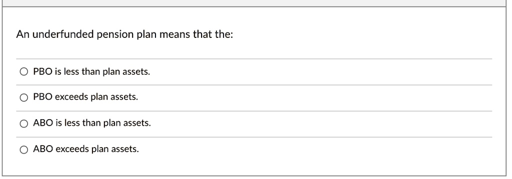 SOLVED: An underfunded pension plan means that the: PBO is less than ...
