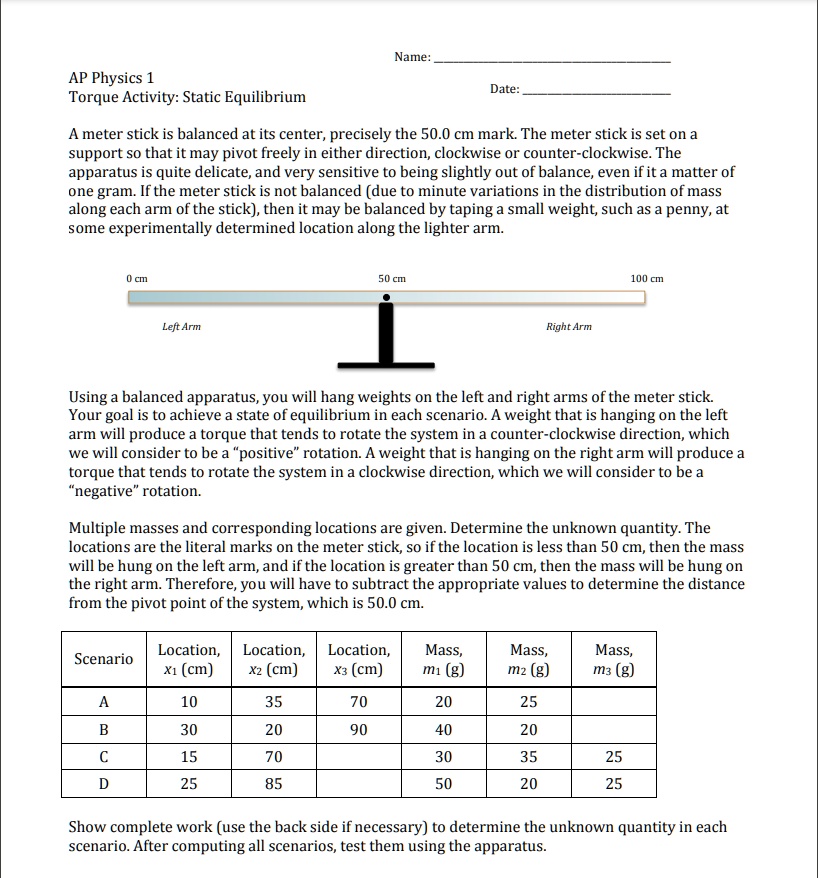 name ap physics 1 torque activity static equilibrium date ameter stick ...