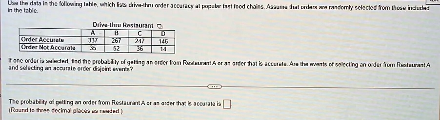 SOLVED: Use the data in the following table, which lists drive-thru ...
