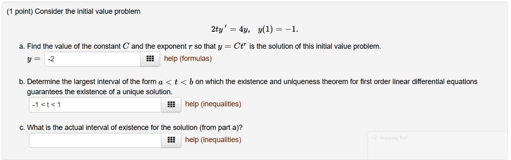 SOLVED: Consider the initial value problem: 2ty' + 4y, y(1) = -1. a. Find the value of the ...