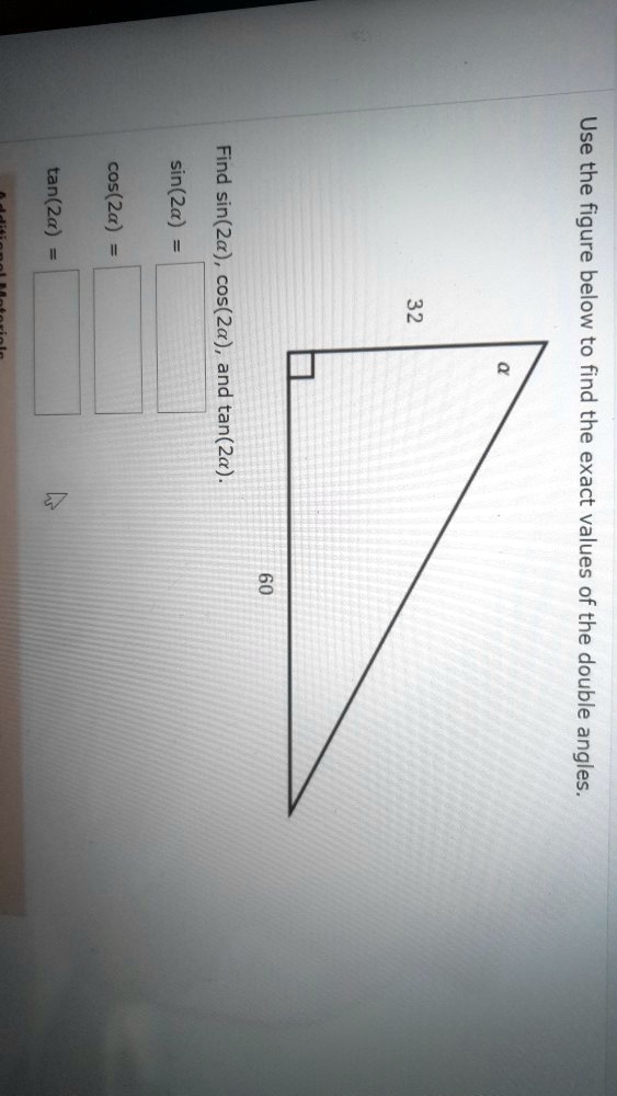 SOLVED: Use the figure below to find the exact values of the double angles Find tan(2a) cos(2a ...